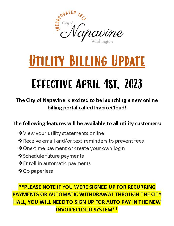 Utility Billing-Sign up for Auto Payment! | Napavine Washington